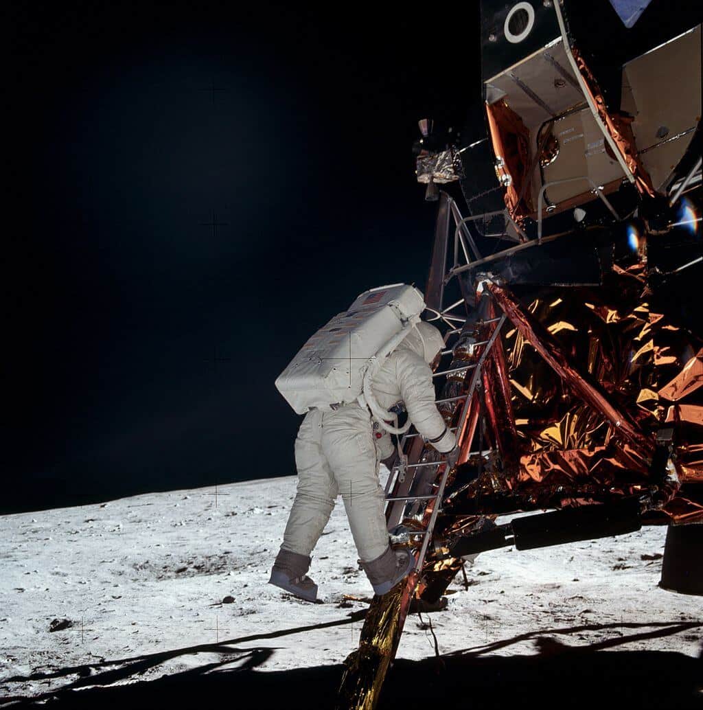 Buzz Aldrin descends from the Eagle onto the lunar surface. Photo: Neil ...