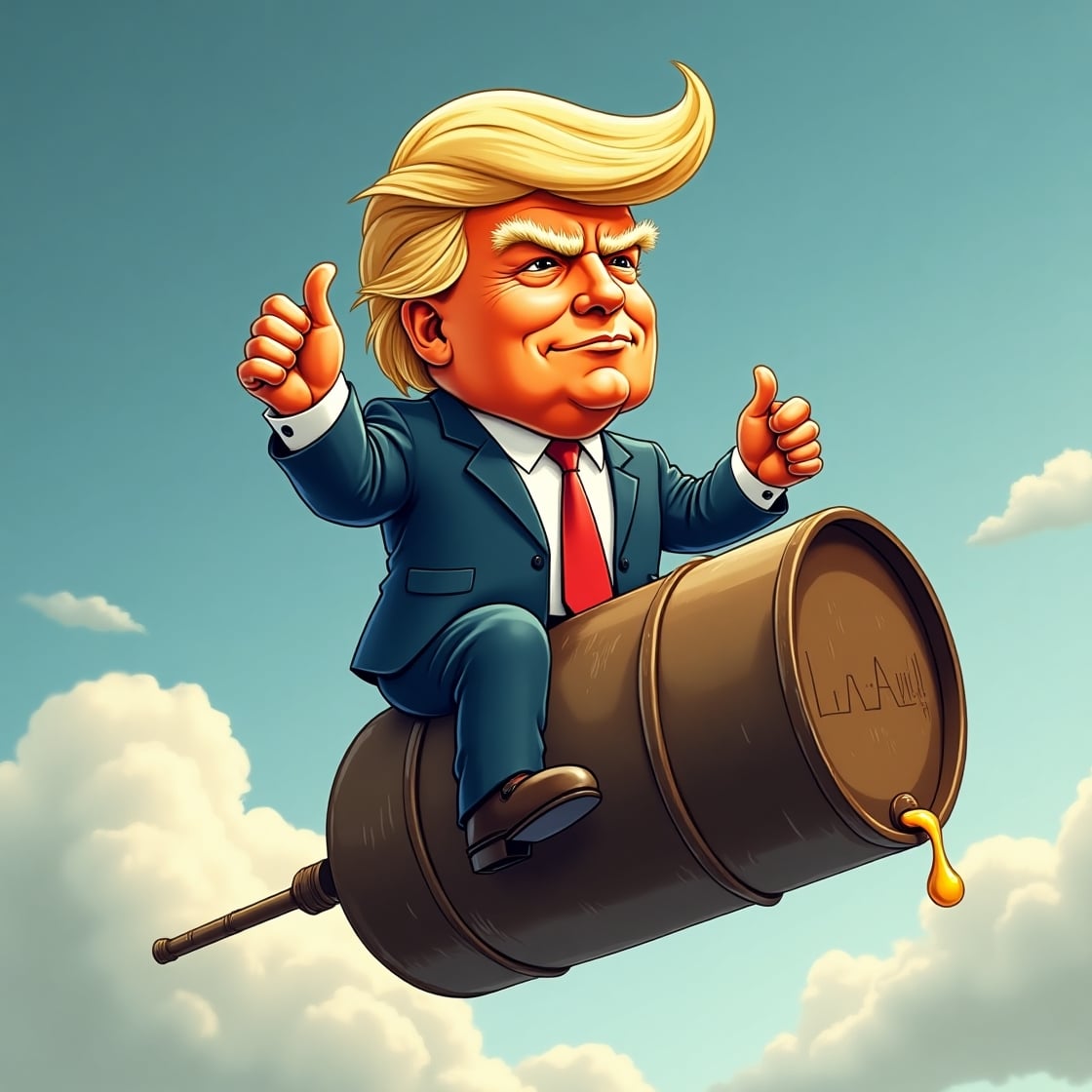 Donald Trump rides to the presidency on the back of an oil barrel about to explode. Illustration ...